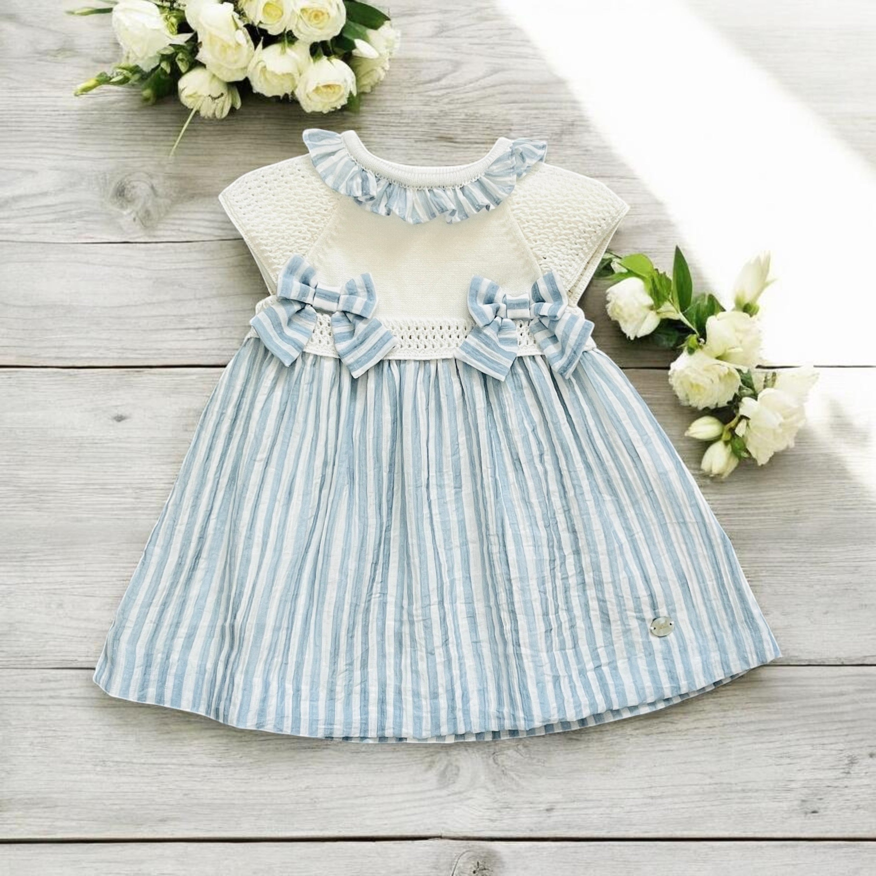 Martin Aranda Blue & Ivory Half Knit Stripe Dress | Bows Baby Boutique