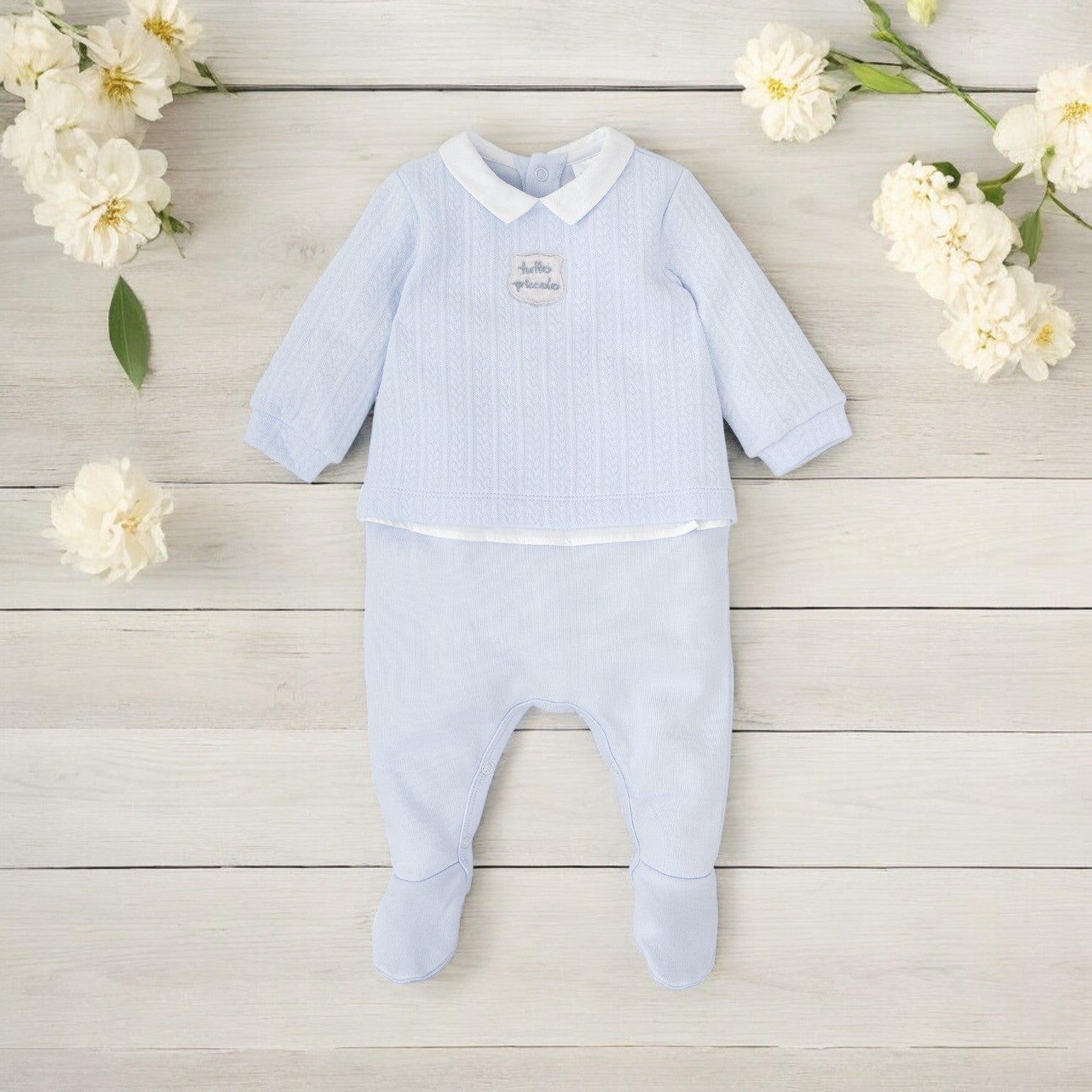 Tutto Piccolo Blue Jacquard Mock 2 Piece Sleepsuit | Bows Baby Boutique