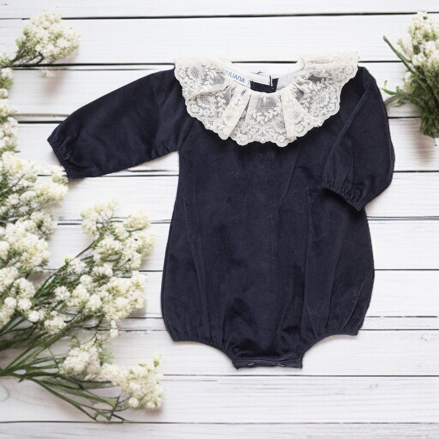 Juliana Navy Blue Velvet Romper | Bows Baby Boutique