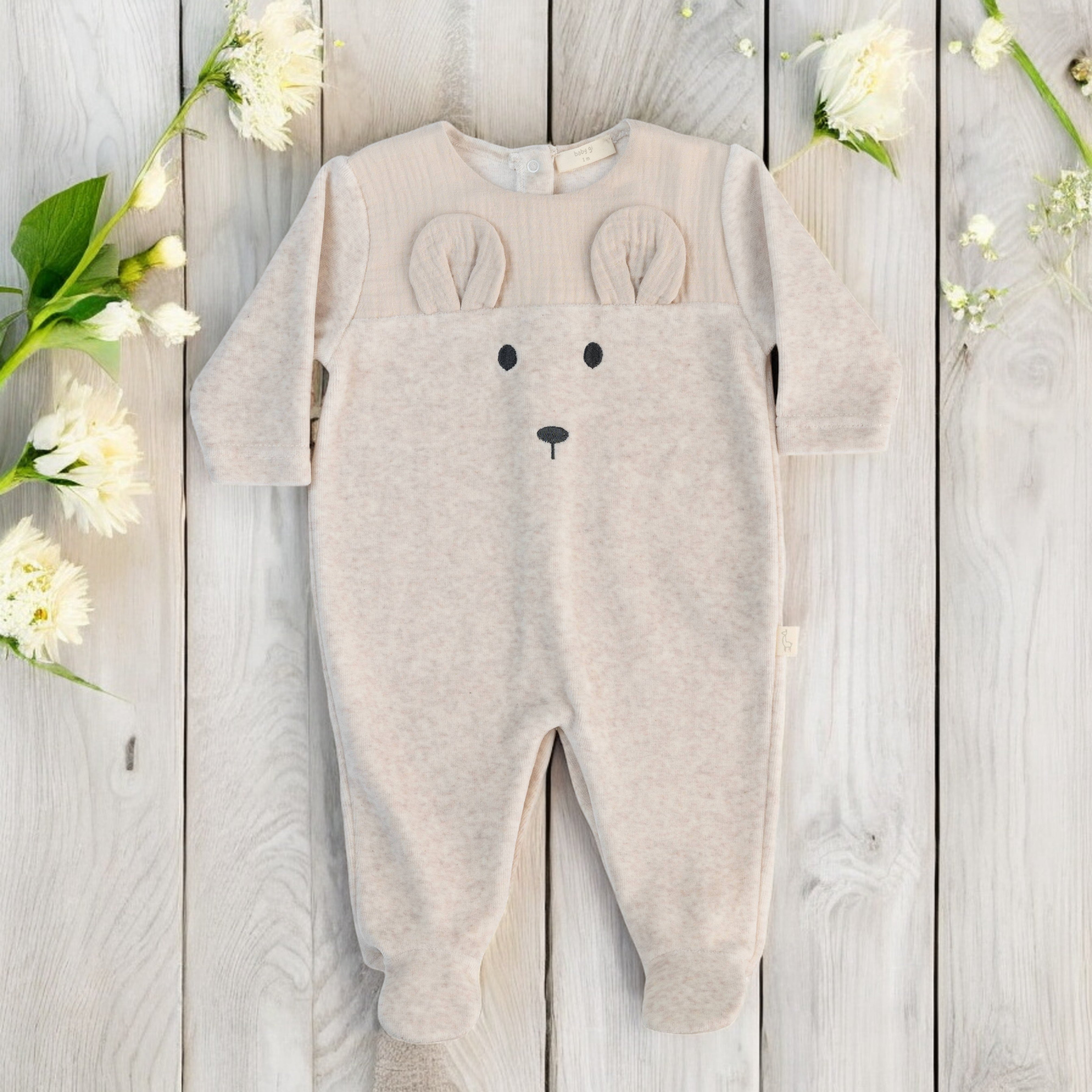Baby Gi Light Beige Velour Bear Sleepsuit | Bows Baby Boutique